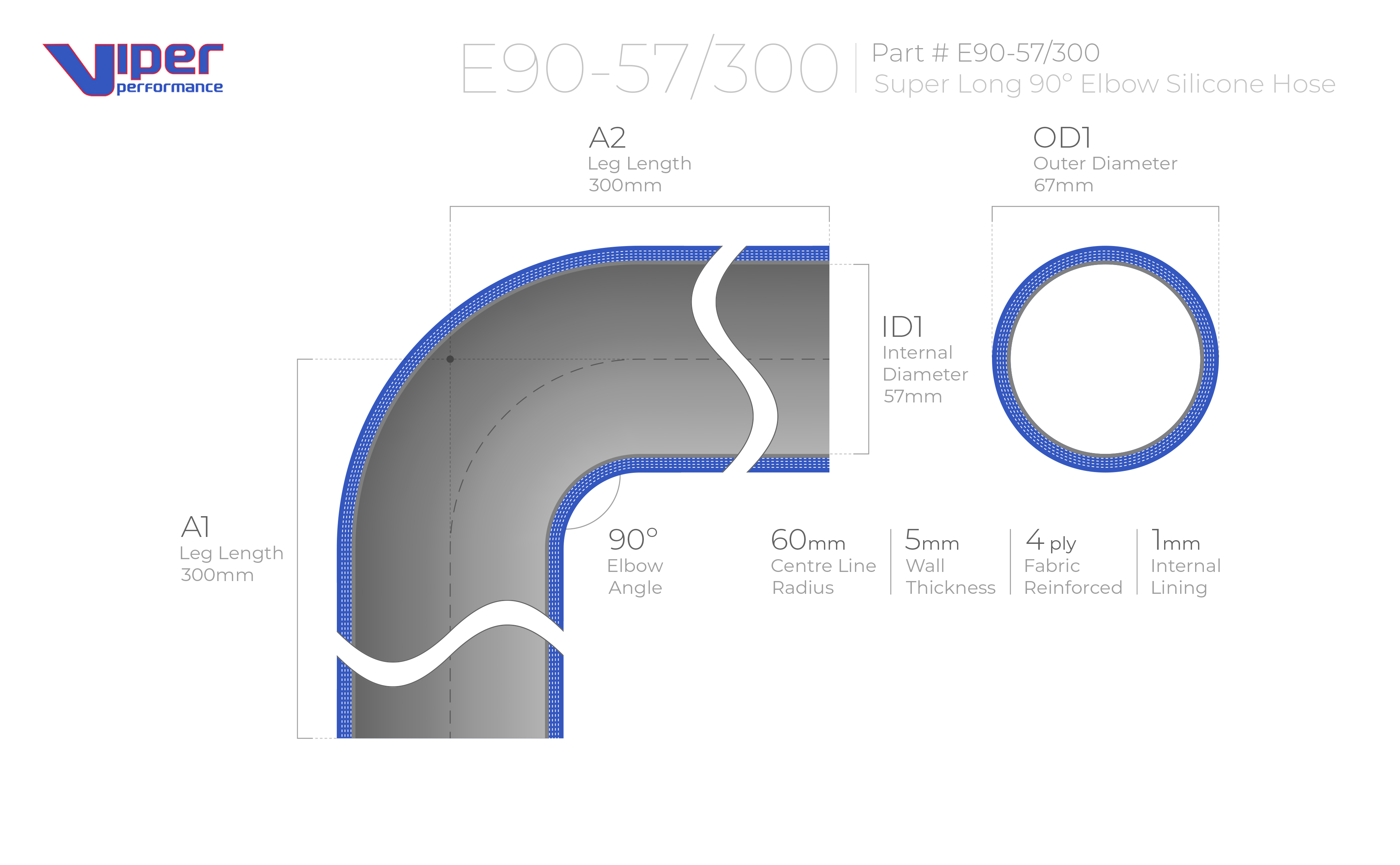 57mm (2 1/4") Super Long 90 Degree Elbow Silicone Hose
